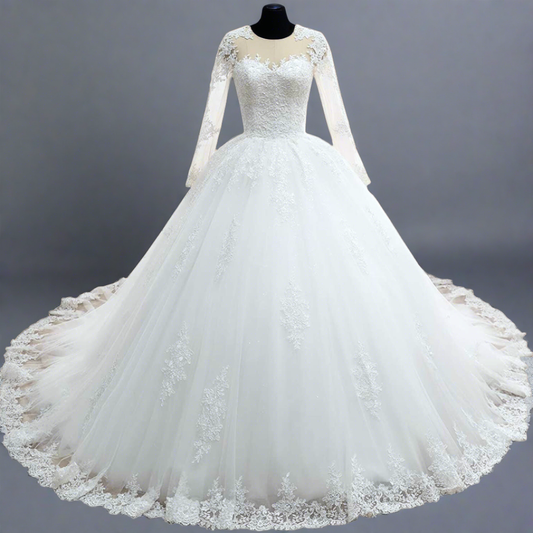 GownLink Stunning Train Gown White Church Wedding Gown with Beaded Lac
